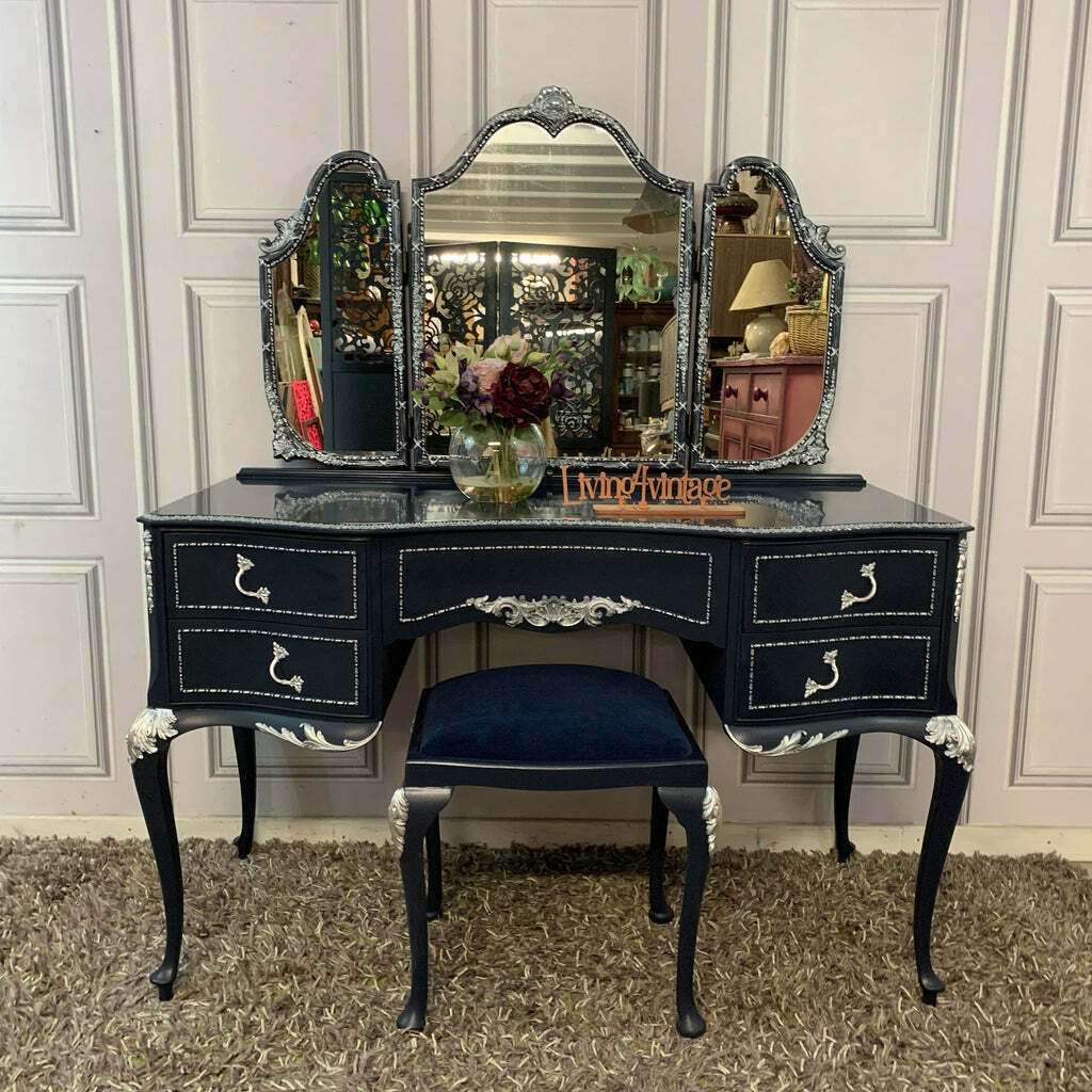 Olympus Dressing Table Navy Blue & Silver Dressing Table With Stool And ...
